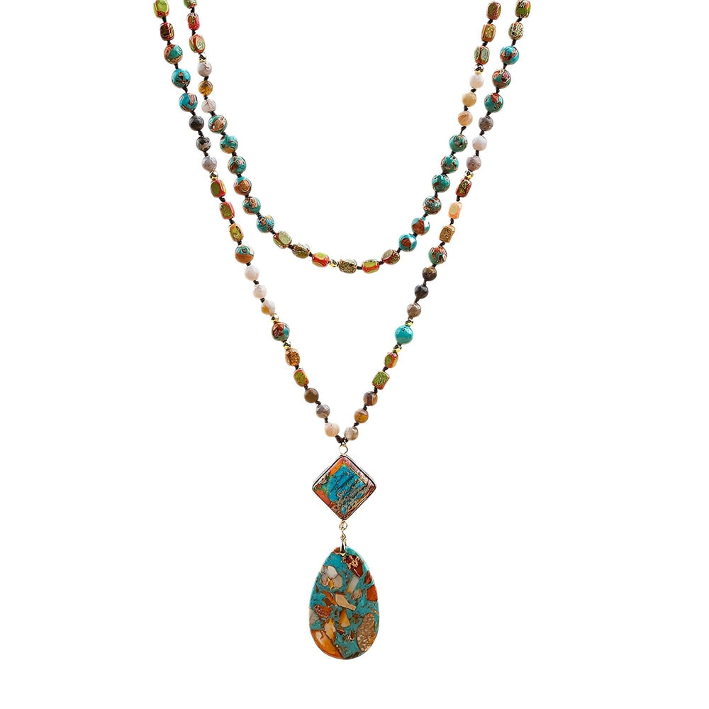 Sautoir bohème en pierres naturelles multicolores, pendentif goutte et