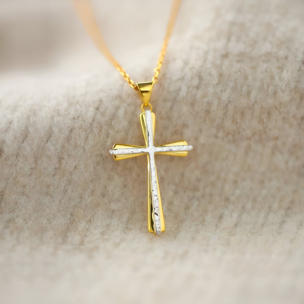 Collier croix bicolore en argent 925, pendentif martelé doré et argent