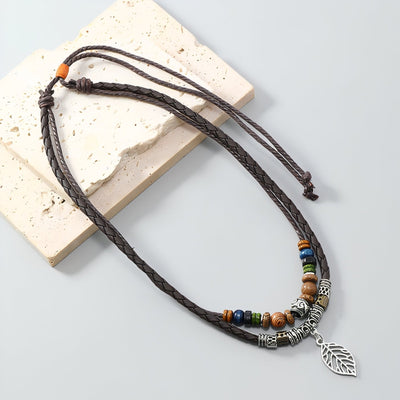 Collier double rangs bohème unisexe, cuir tressé, perles en bois et pe