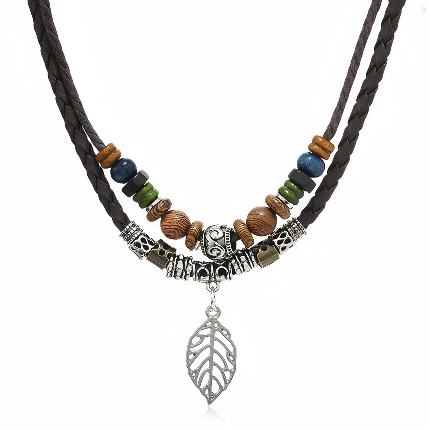 Collier double rangs bohème unisexe, cuir tressé, perles en bois et pe