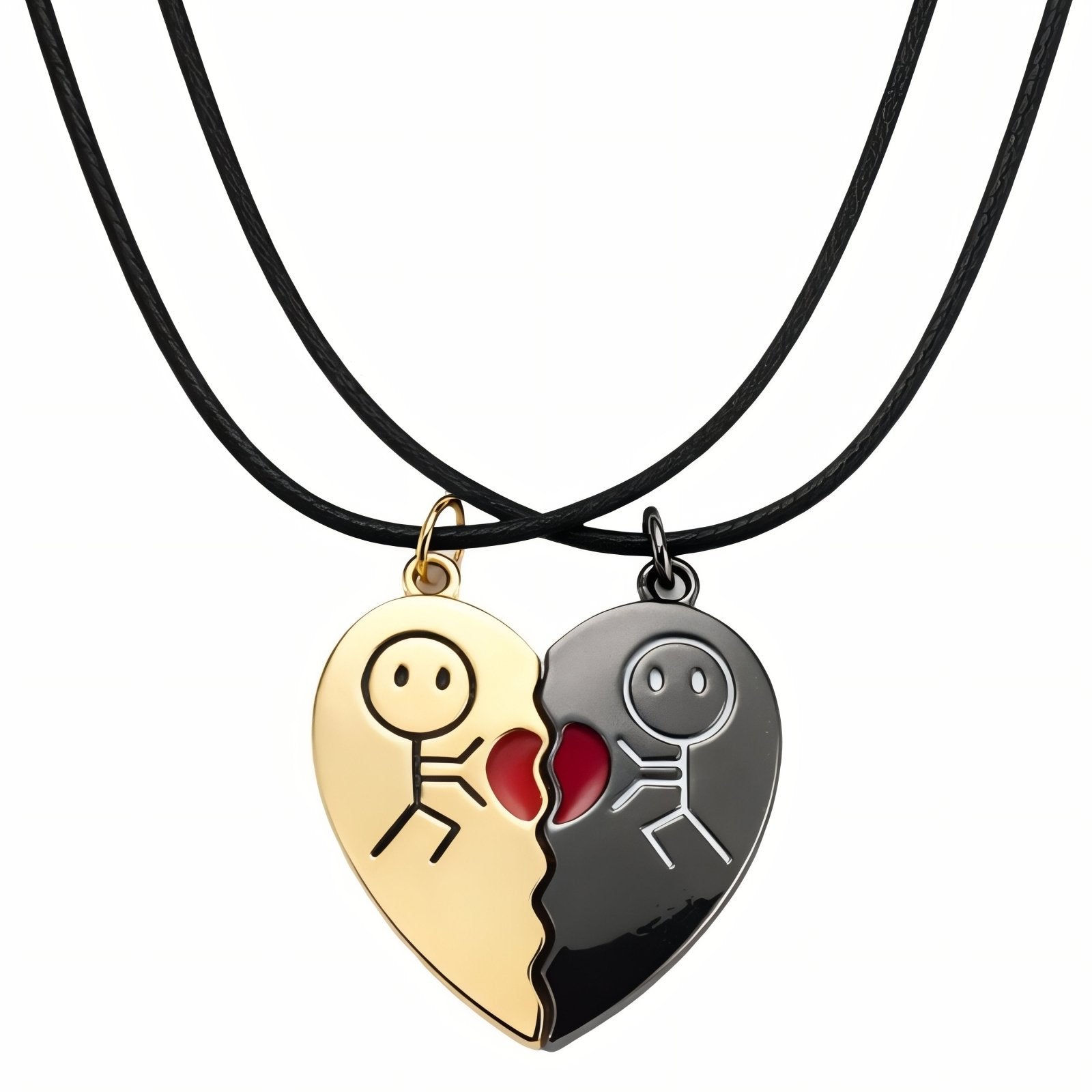 Collier en commun couple, avec cordon noir et pendentif cœur, en allia