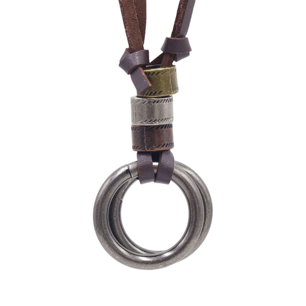 Collier mixte en cuir marron, pendentif anneaux en métal vintage, styl