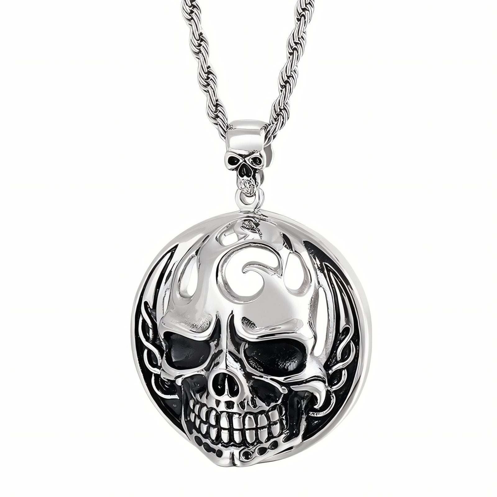 Modern men's necklace with sculpted skull pendant in stainless steel