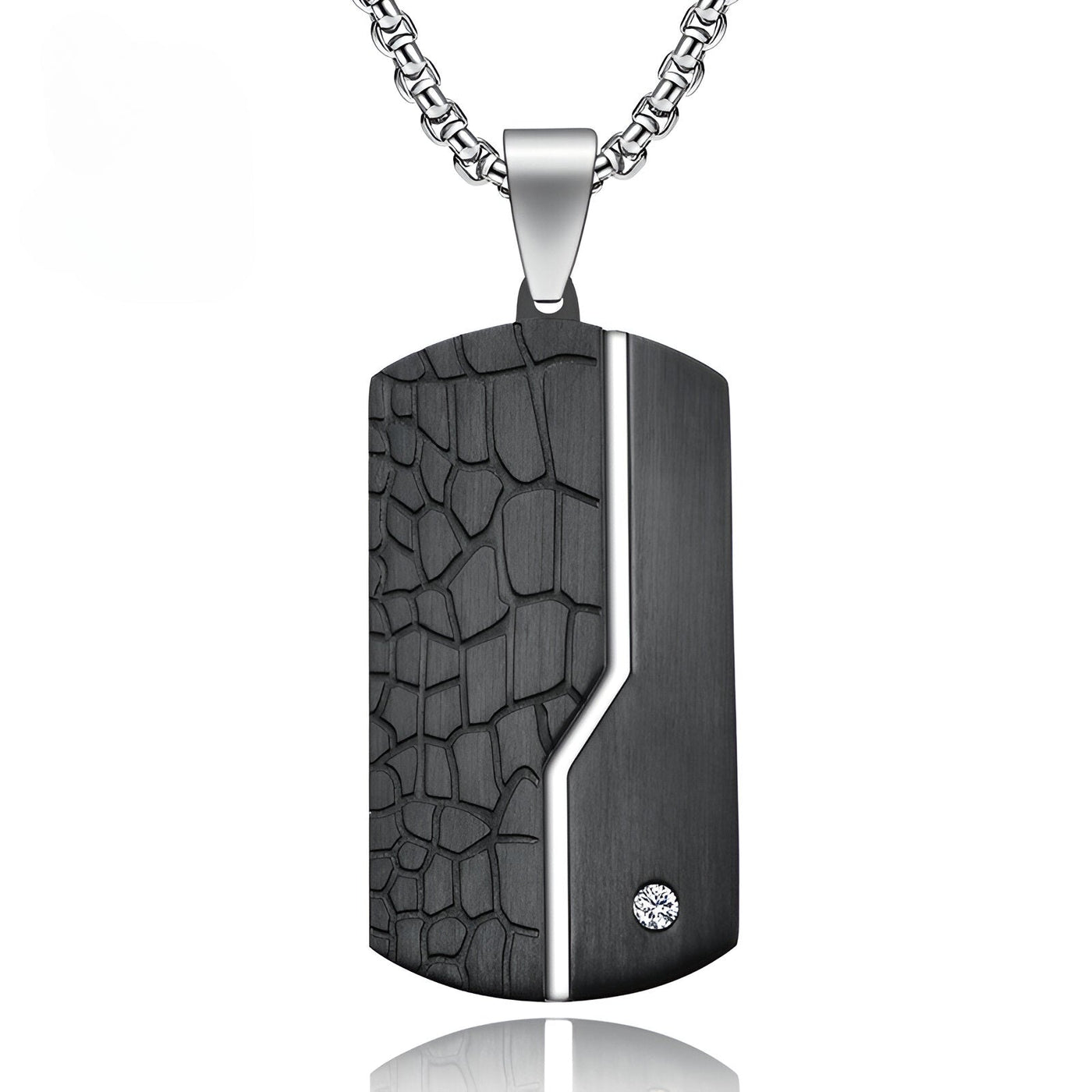 Collier plaque militaire moderne en acier noir brossé et strass