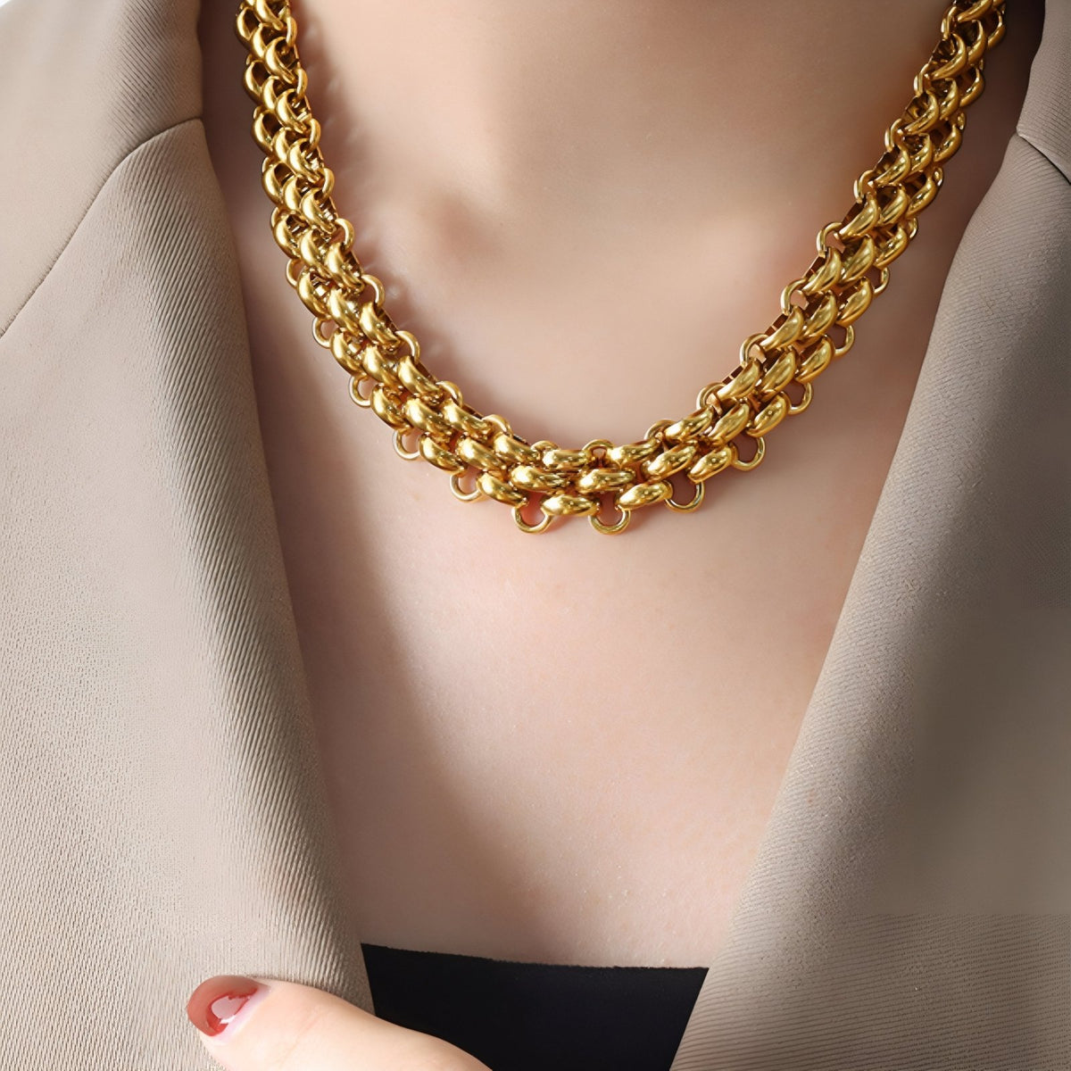 Collier ras-du-cou épais pour femme, maille royale, en acier inoxydabl