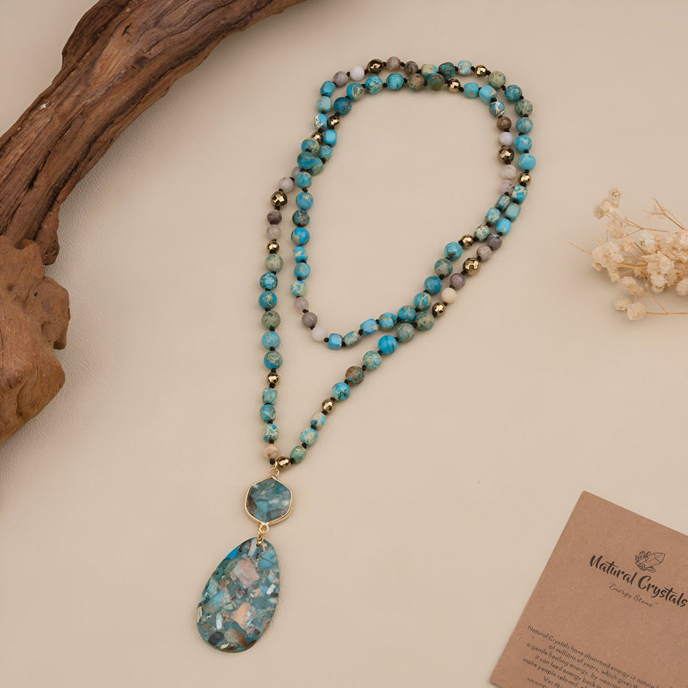 Sautoir en pierres turquoise naturelles d'agate, double pendentif gout